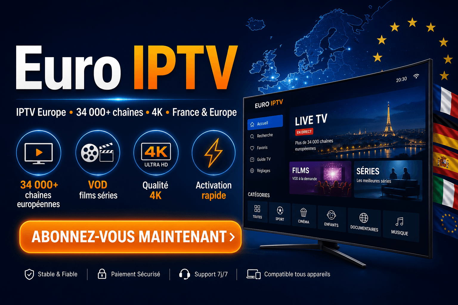 Euro IPTV Exclusif 2026 — Abonnement Europe 4K dès 24,99€ - IPTVEXCLUSIF